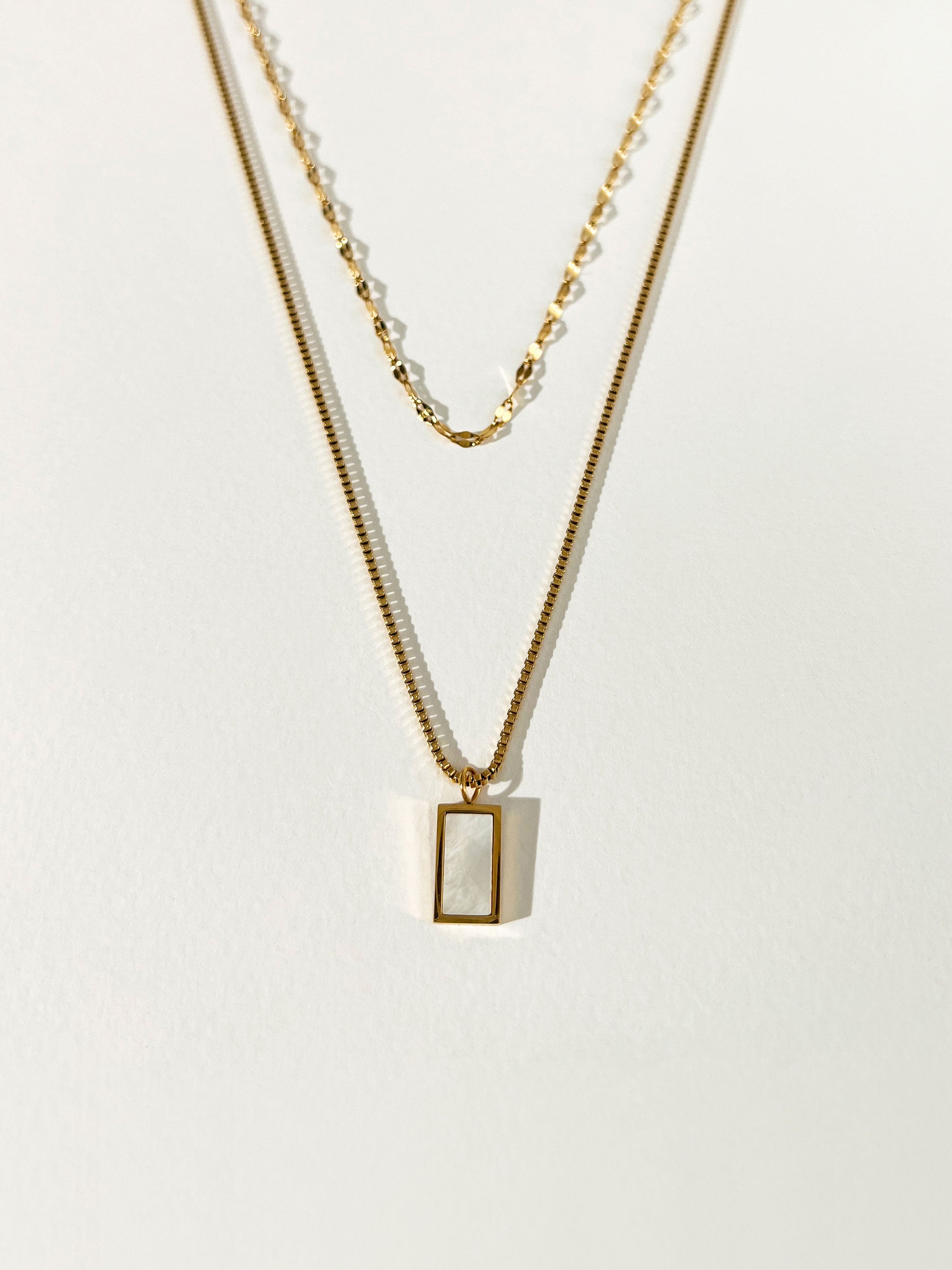 Double Chains Natural Shell Rectangle Charm Necklace White | OSKER ...
