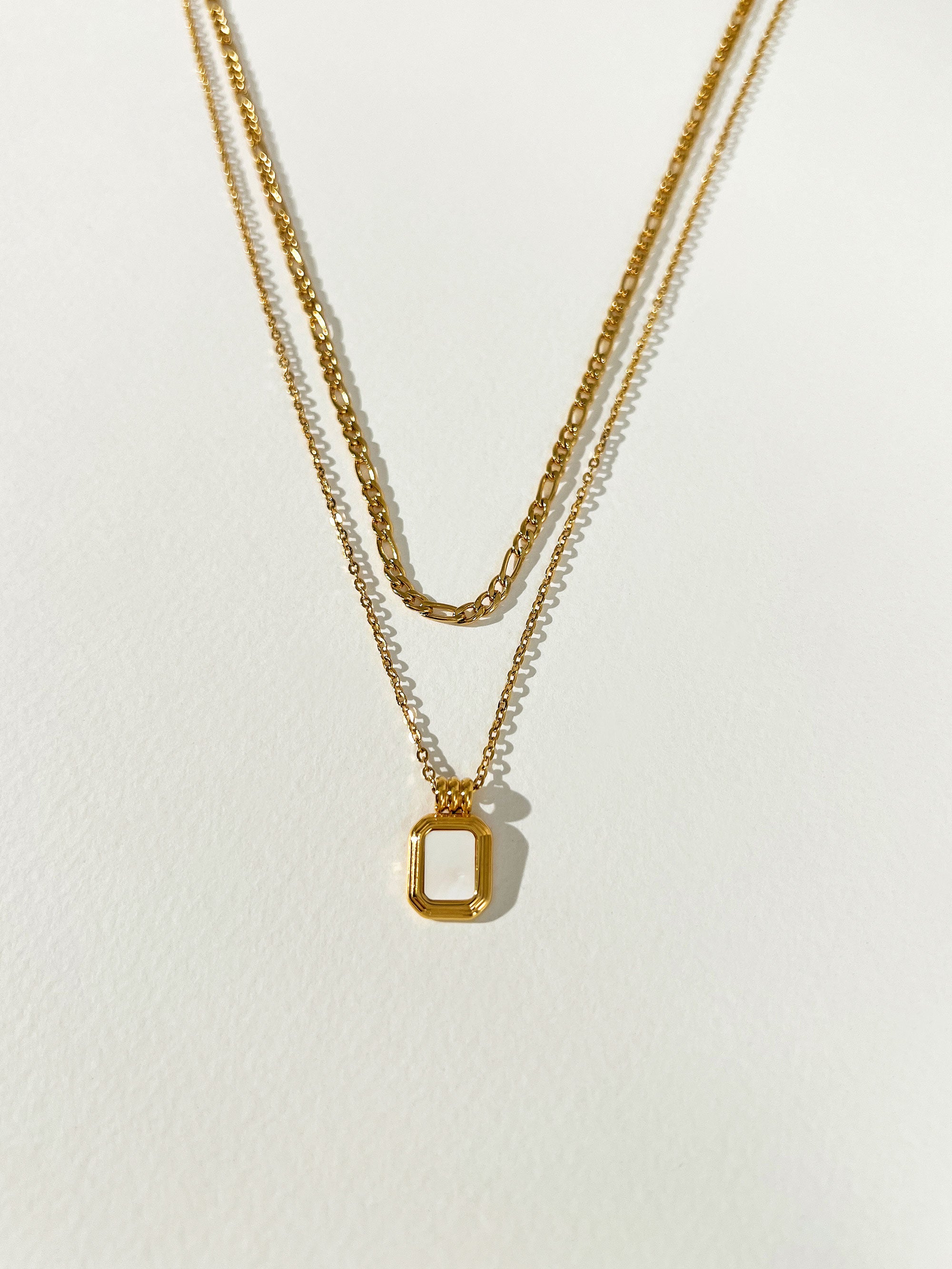 Double Chains Natural Shell Rectangle Charm Necklace White | OSKER ...