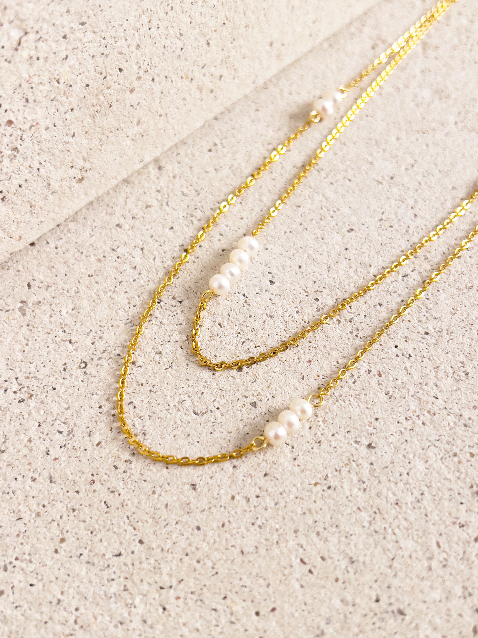 Double Chains Freshwater Pearl Row Charms Necklace Gold | OSKER ...