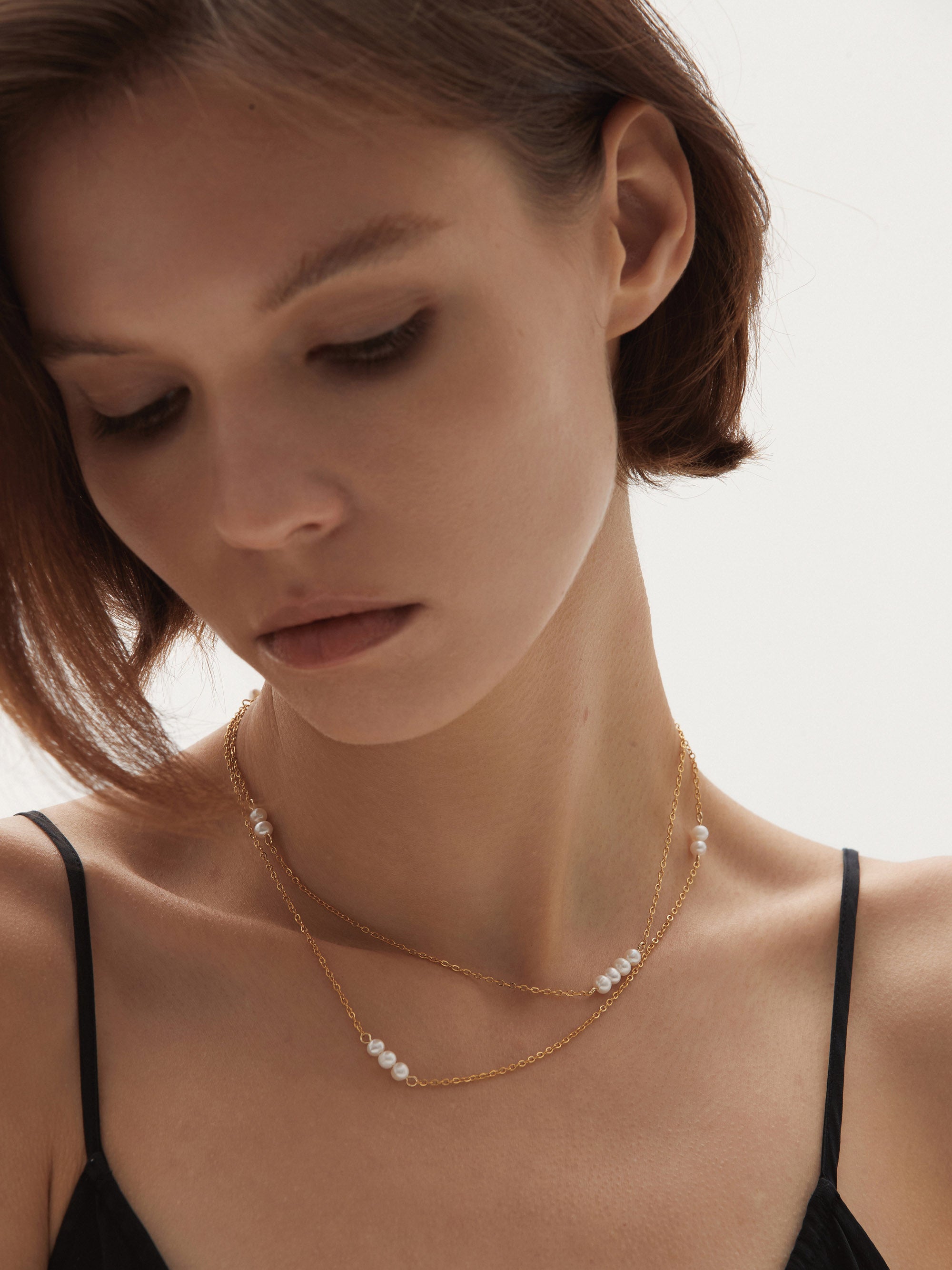 Double Chains Freshwater Pearl Row Charms Necklace Gold | OSKER ...